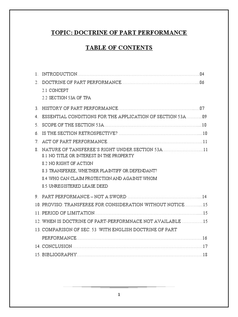 Topic: Doctrine of Part Performance: 2.1 Concept 2.2 Section 53A of Tpa | PDF | Lease ...