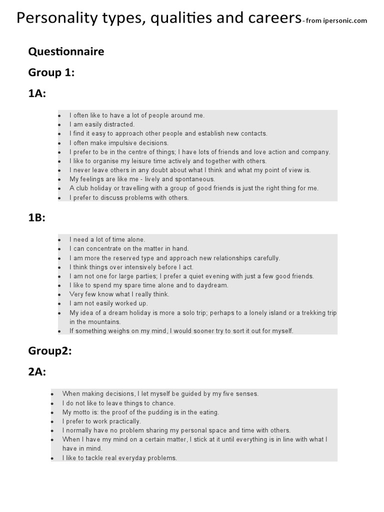 Personality Types, Qualities and Careers | PDF