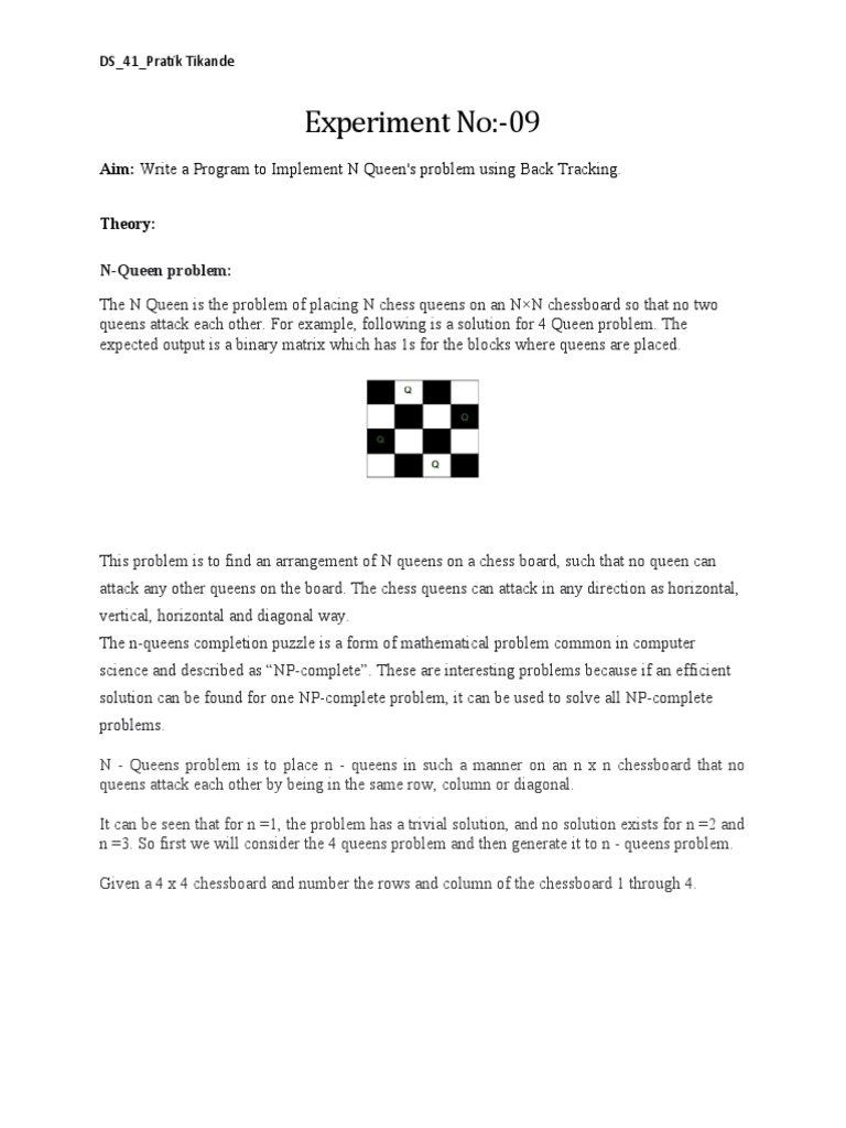 Experiment No:-09: Aim: Write A Program To Implement N Queen's Problem ...