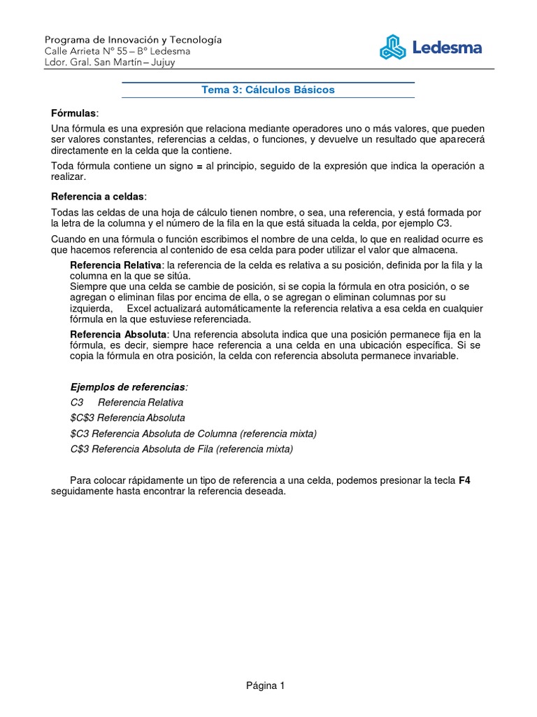 Cálculos Básicos en Excel: Fórmulas y Referencias | PDF | Fórmula ...