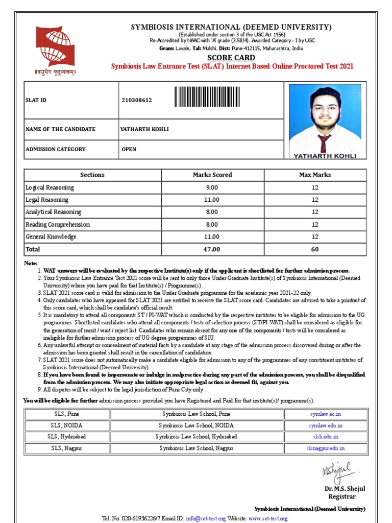 Score Card: Symbiosis Law Entrance Test (SLAT) Internet Based Online ...