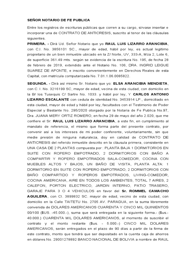 Contrato de Anticretico Con Poder | PDF | Finanzas y dinero | Hipoteca ...