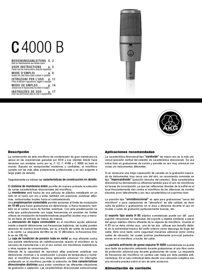 Manual del Micrófono AKG C4000B | PDF | Micrófono | Grabación de sonido