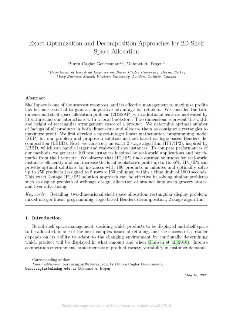 Caglar2021 (2DSSAP, Shelf Space Optimization, English, SSRN) | Download Free PDF | Mathematical ...