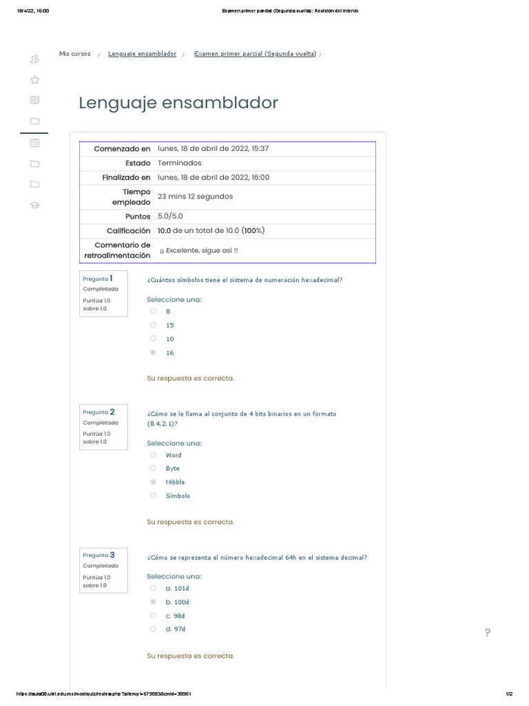 Examen Primer Parcial (Segunda Vuelta) - Revisión Del Intento - Lenguaje Ensamblador Fer | PDF ...