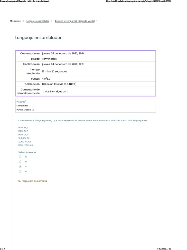 Revisión Del Intento Examen 3 Lenguaje Ensamblador | PDF | Lenguaje ensamblador | Lenguaje de ...