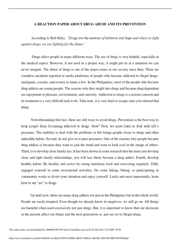A Reaction Paper About Drug Abuse and Its Prevention | PDF | Drugs | Reason