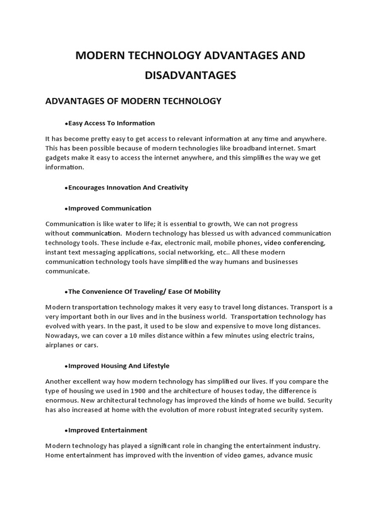Modern Technology Advantages and Disadvantages | PDF | Educational ...