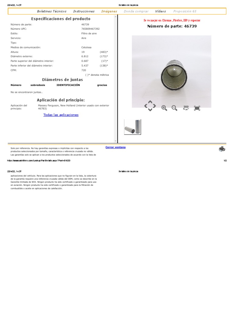 Filtro de aire WIX 46739: Especificaciones y Aplicaciones | PDF