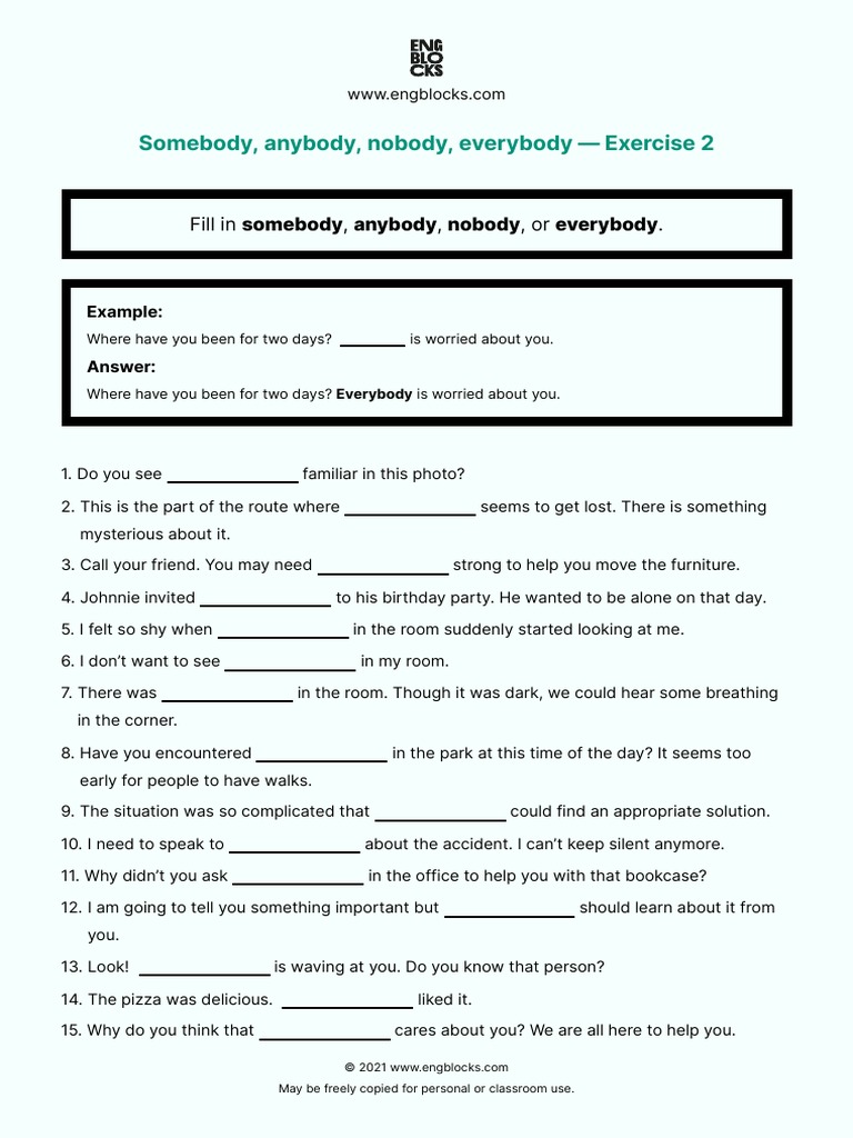 Fill in Somebody, Anybody, Nobody, or Everybody | PDF