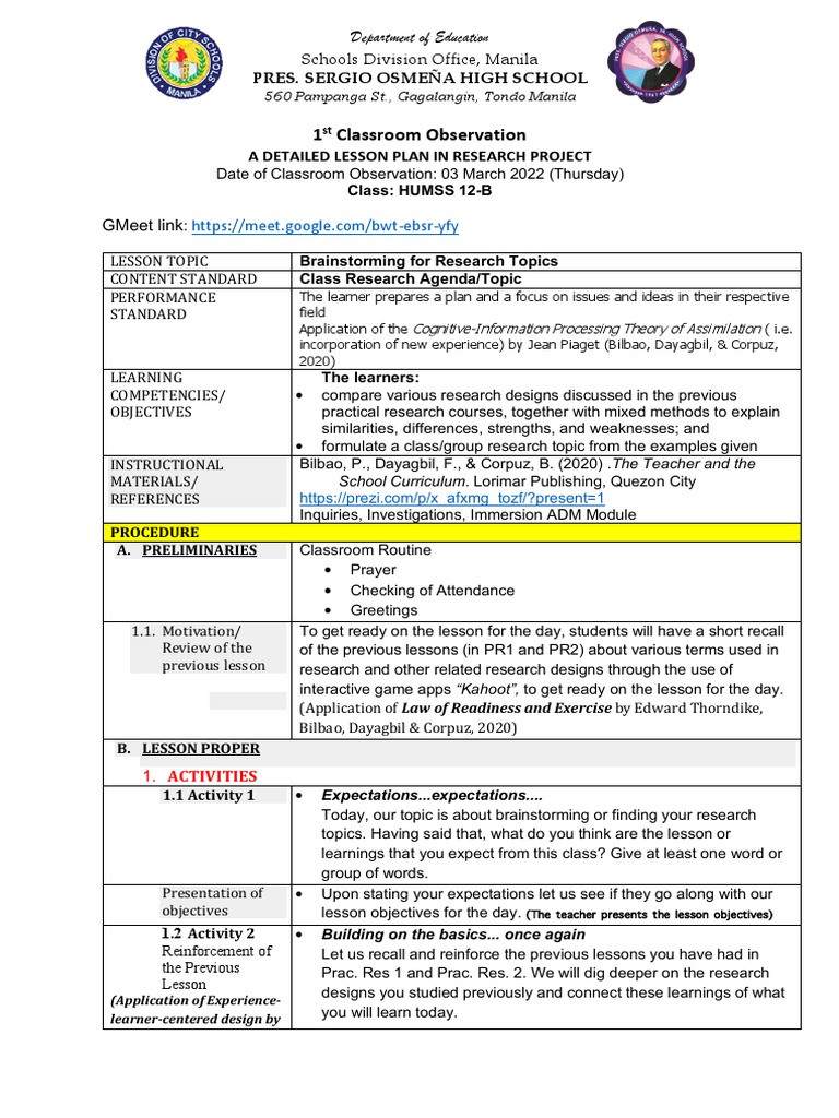Brainstorming Research Topics Lesson Plan | PDF | Teachers | Learning