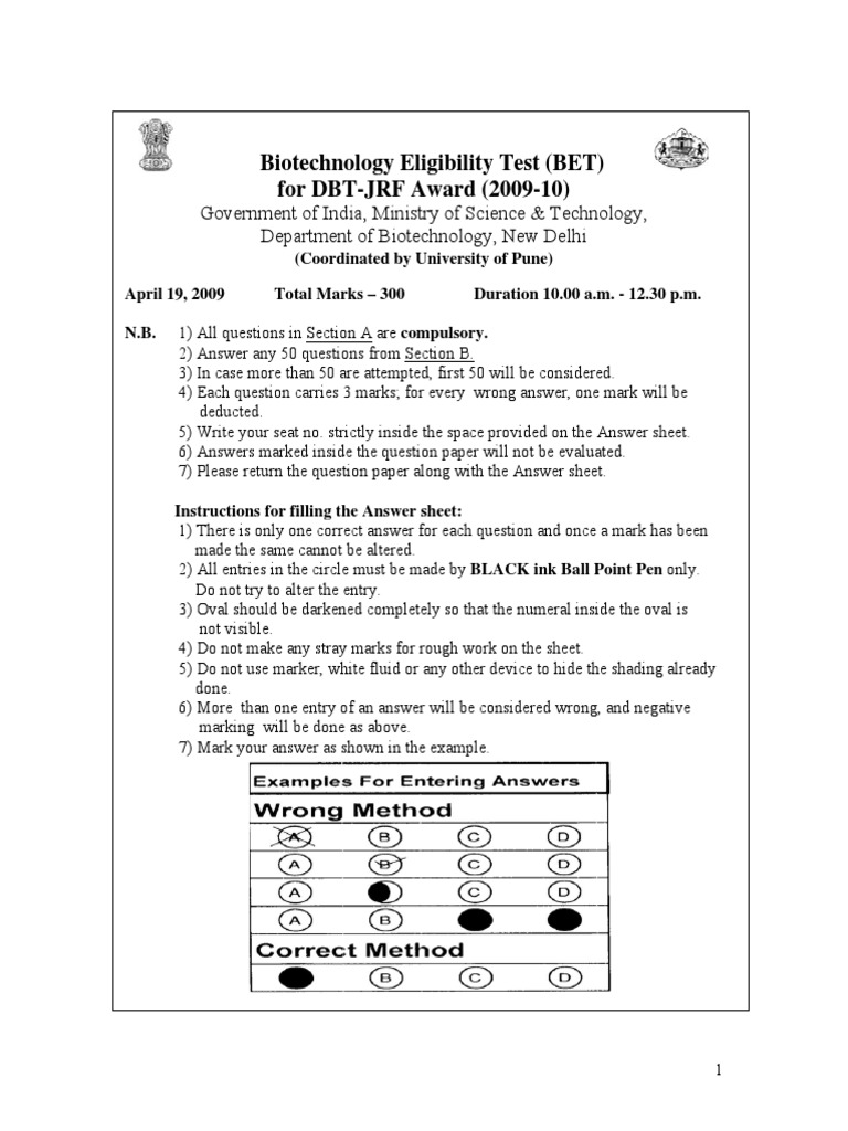 Biotechnology Eligibility Test (BET) For DBT-JRF Award (2009-10) | PDF ...