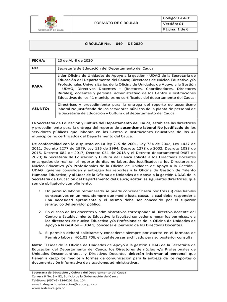 Circular 049 - 20-04 - 2020 - Ausentismo No Justificado | PDF | Correo | Servidor (Computación)