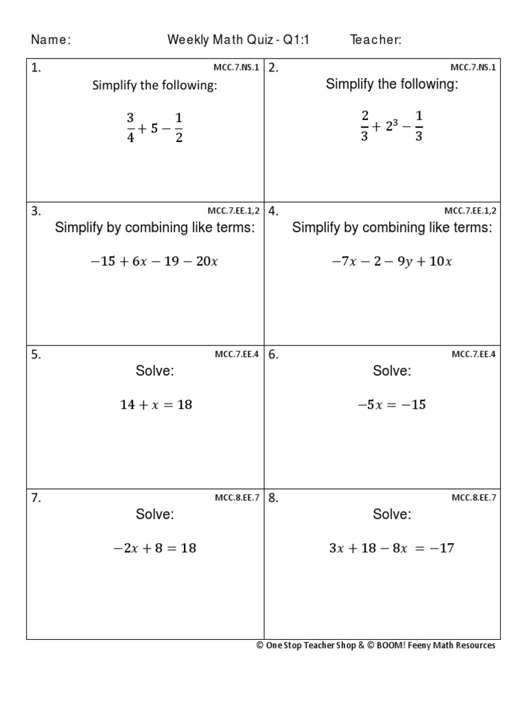 Name: Weekly Math Quiz - Q1:1 Teacher | PDF | Elementary Mathematics ...