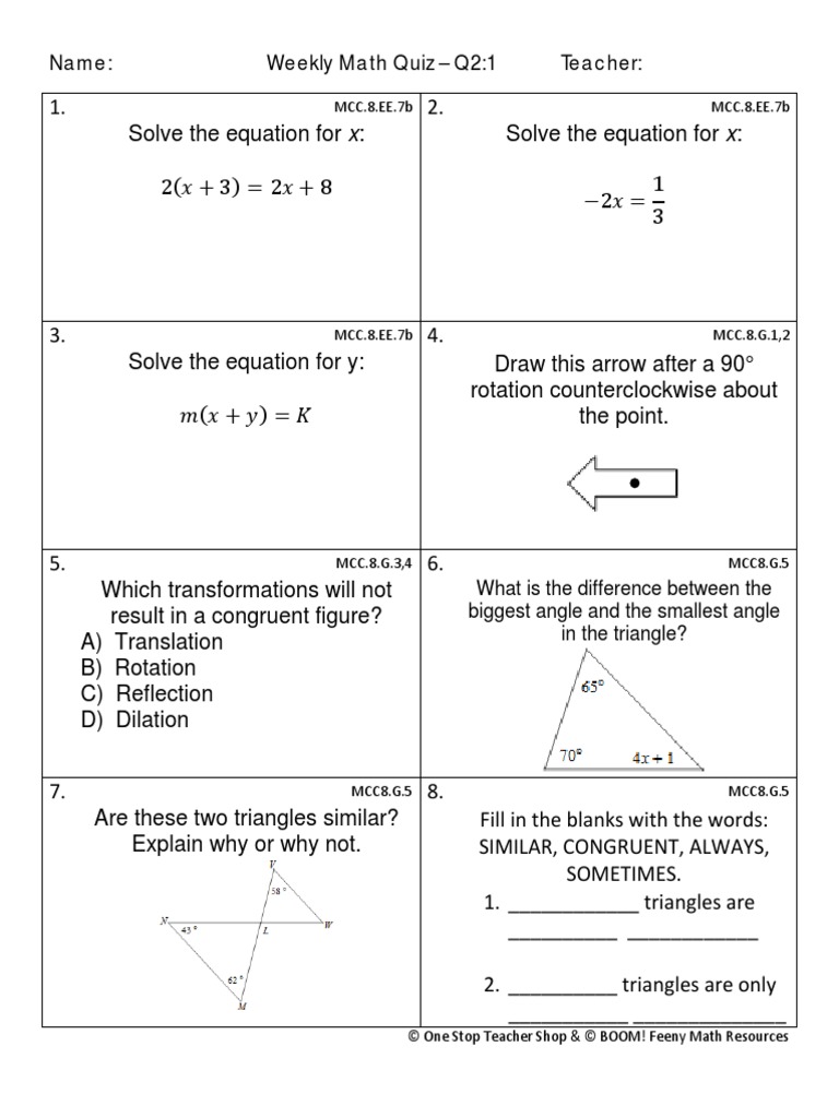 Name: Weekly Math Quiz - Q2:1 Teacher | Download Free PDF | Euclidean ...