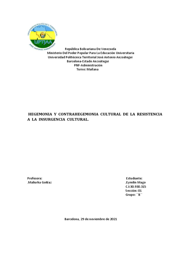Hegemonía y Contrahegemonía Cultural | PDF | Antonio Gramsci | Hegemonía