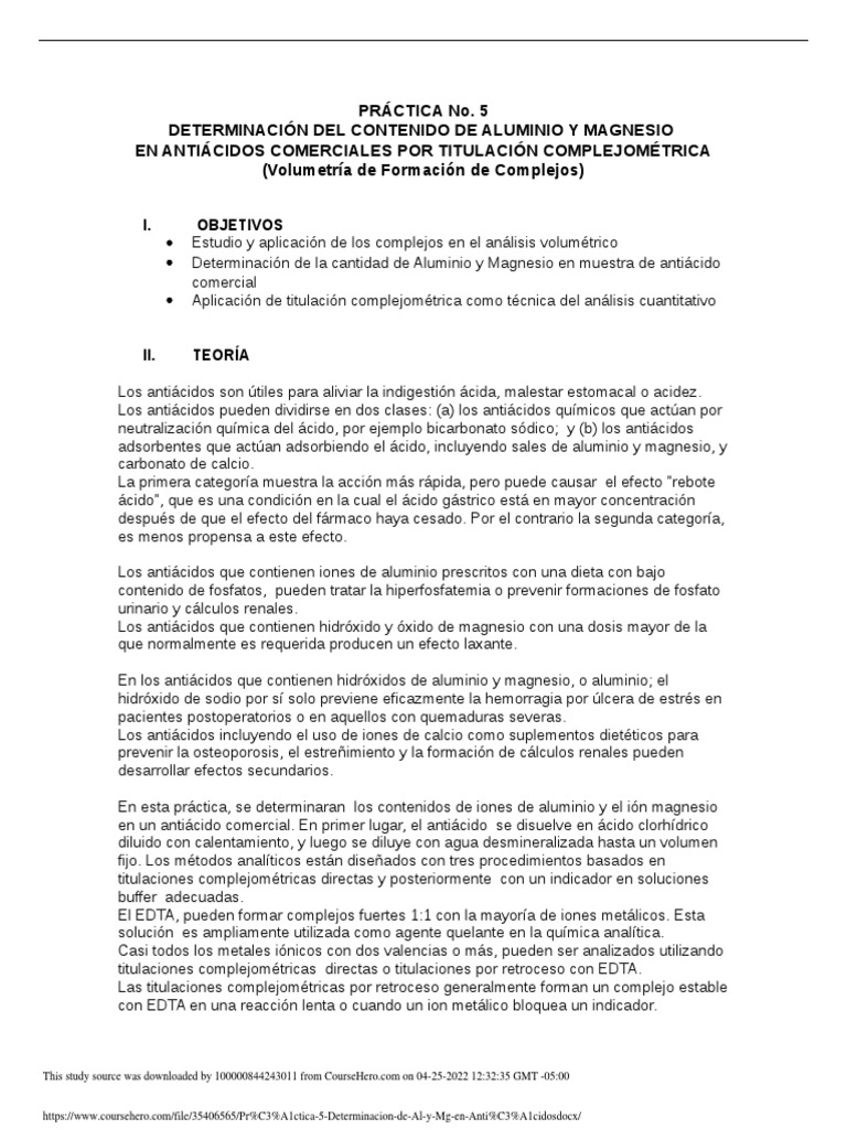 PR Ctica 5 Determinacion de Al y MG en Anti Cidos | PDF | Química | Valoración