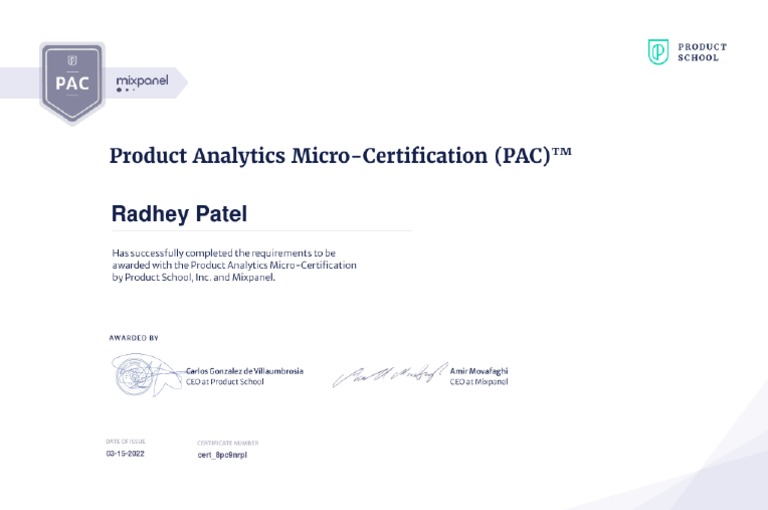 Certificate of Completion For Product Analytics Certification Pac | PDF