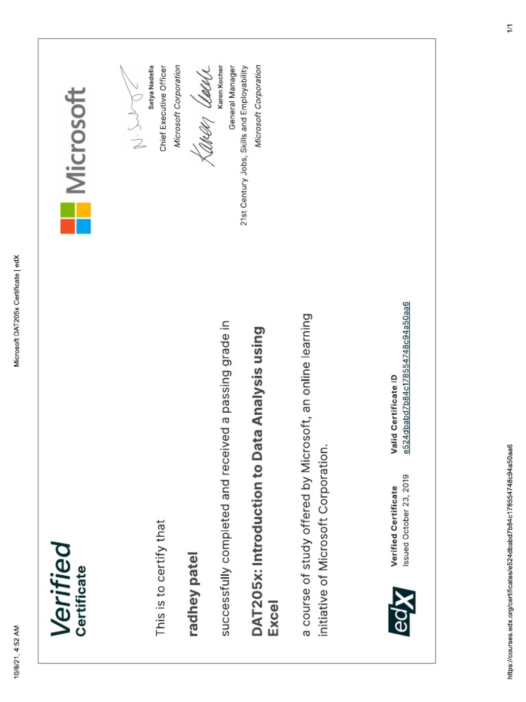 EdX Verified Certificate For Introduction To Data Analysis Using Excel ...
