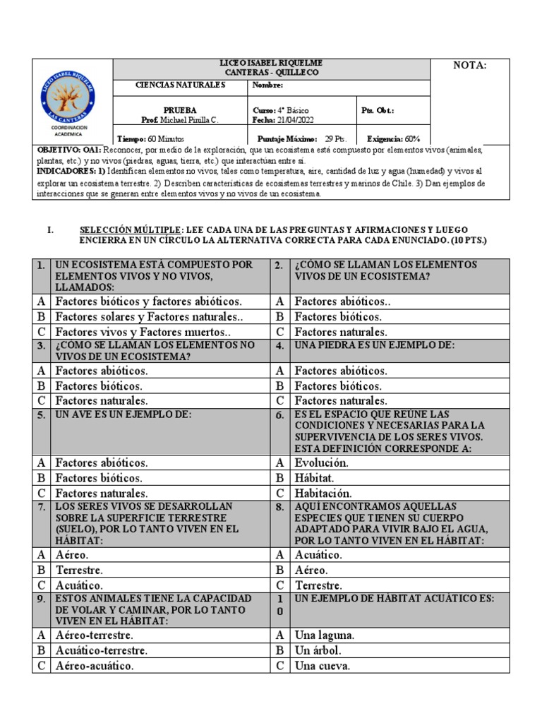 Prueba de Ciencias Cuarto Básico 2022 | PDF | Ecosistema | Habitat