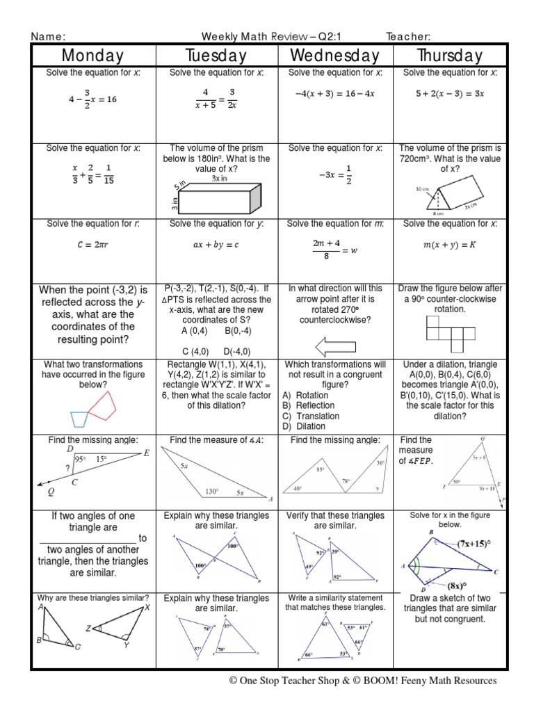 Monday Tuesday Wednesday Thursday: Name: Weekly Math Review - Q2:1 ...
