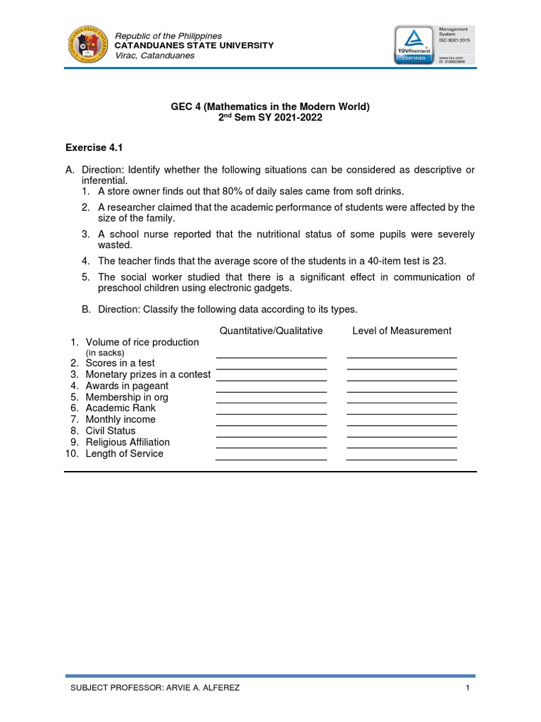 MMW Chapter 4 Exercises Sem 2 SY 2021-2022 | PDF | Standard Deviation | Variance
