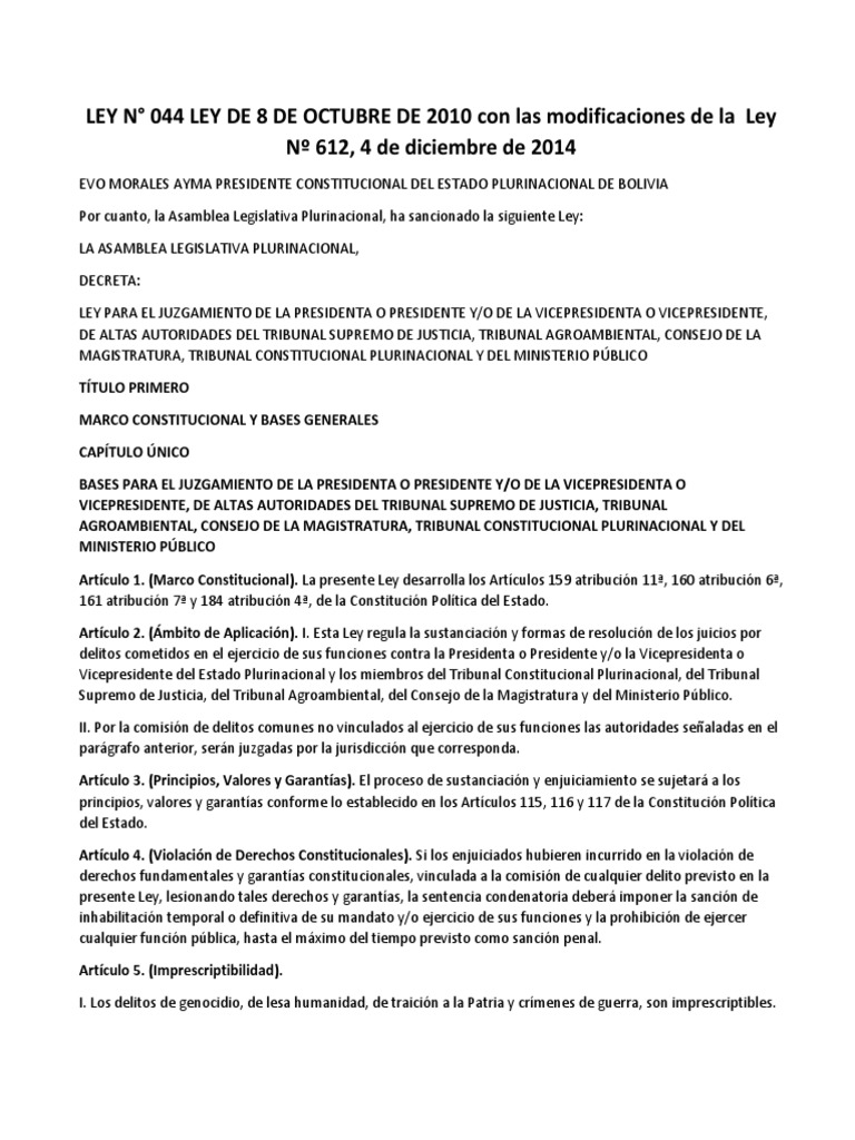 LEY 044 Con Modificaciones de La Ley 612 | PDF | Sentencia (ley) | Legislador