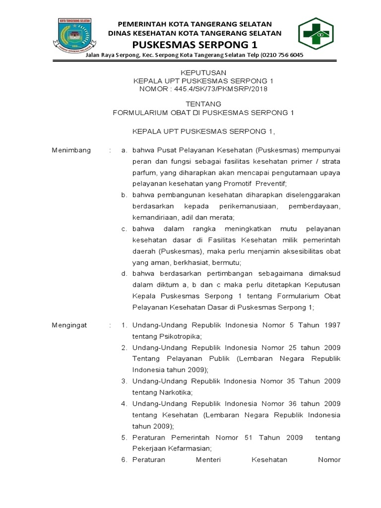 8 2 1 6 Sk Formularium Obat Di Puskesmas Serpong 1 Pdf