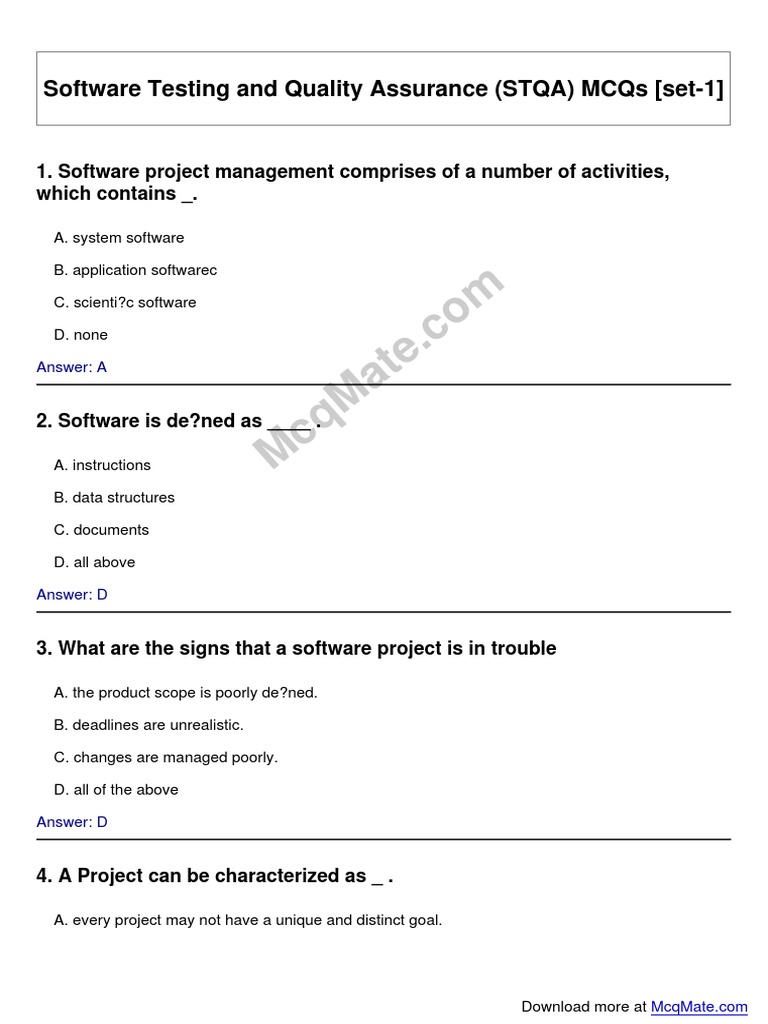SQA MCQs With ANS | Download Free PDF | Software Testing | Quality ...