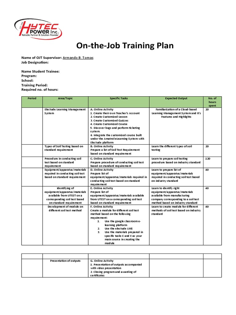 CE OJT Training Plan Ed.1 - Fr. Tom | PDF | Communication | Pedagogy
