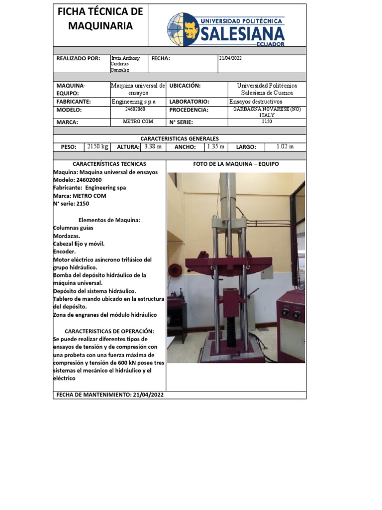 Ficha Técnica de Maquinaria | PDF | Motor eléctrico | Ingenieria Eléctrica