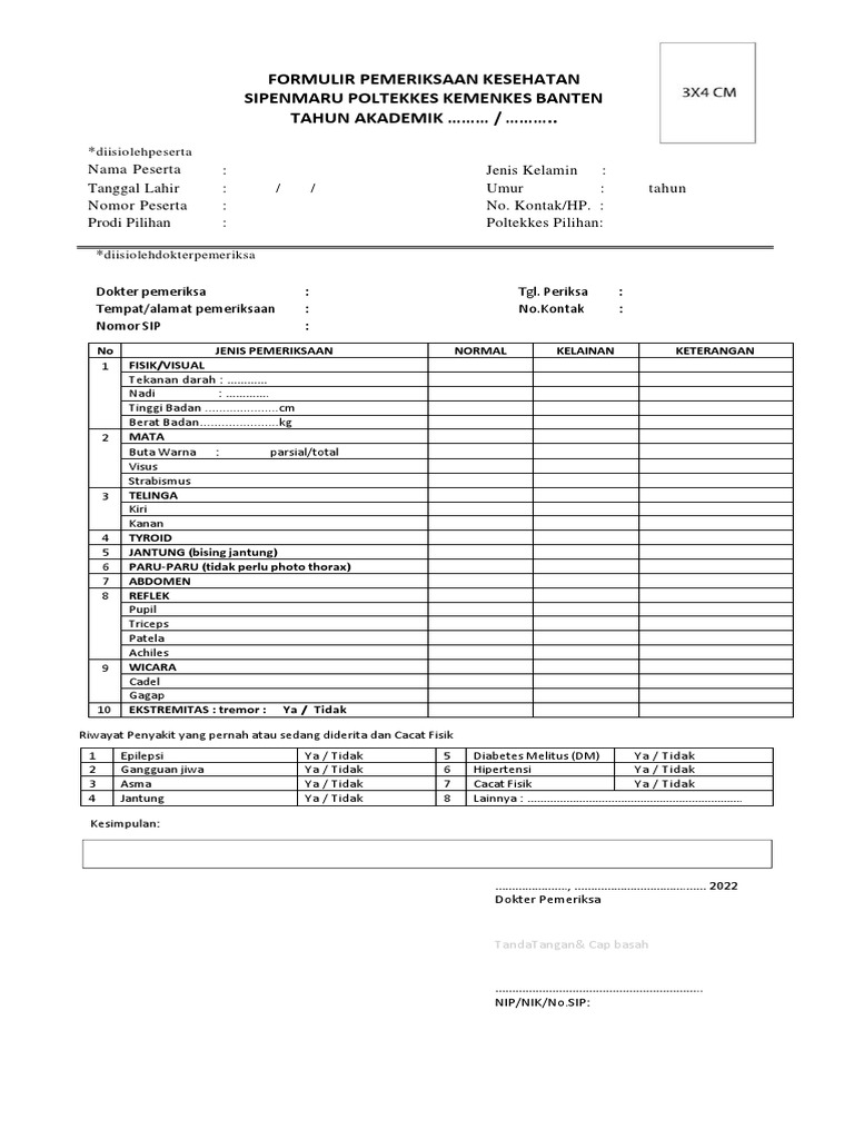 Form Uji Kesehatan Dan Surat Pernyataan SIMAMA 2022-2023 | PDF