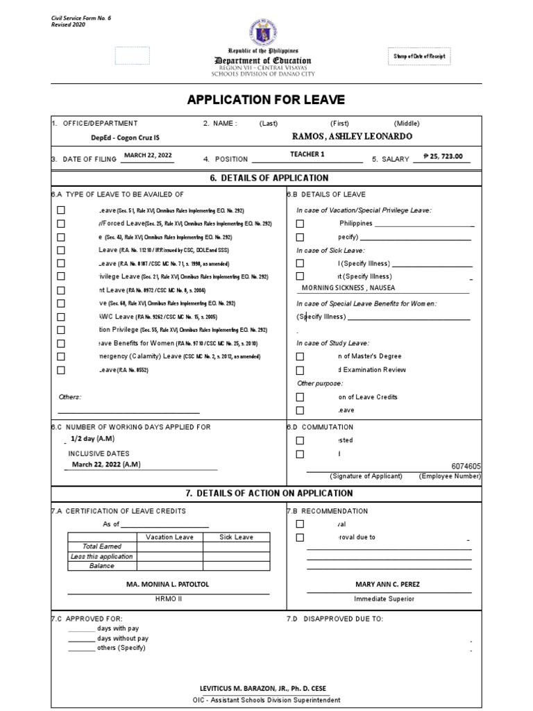 CS Form No. 6 Revised 2020 Application For Leave Fillable | PDF ...
