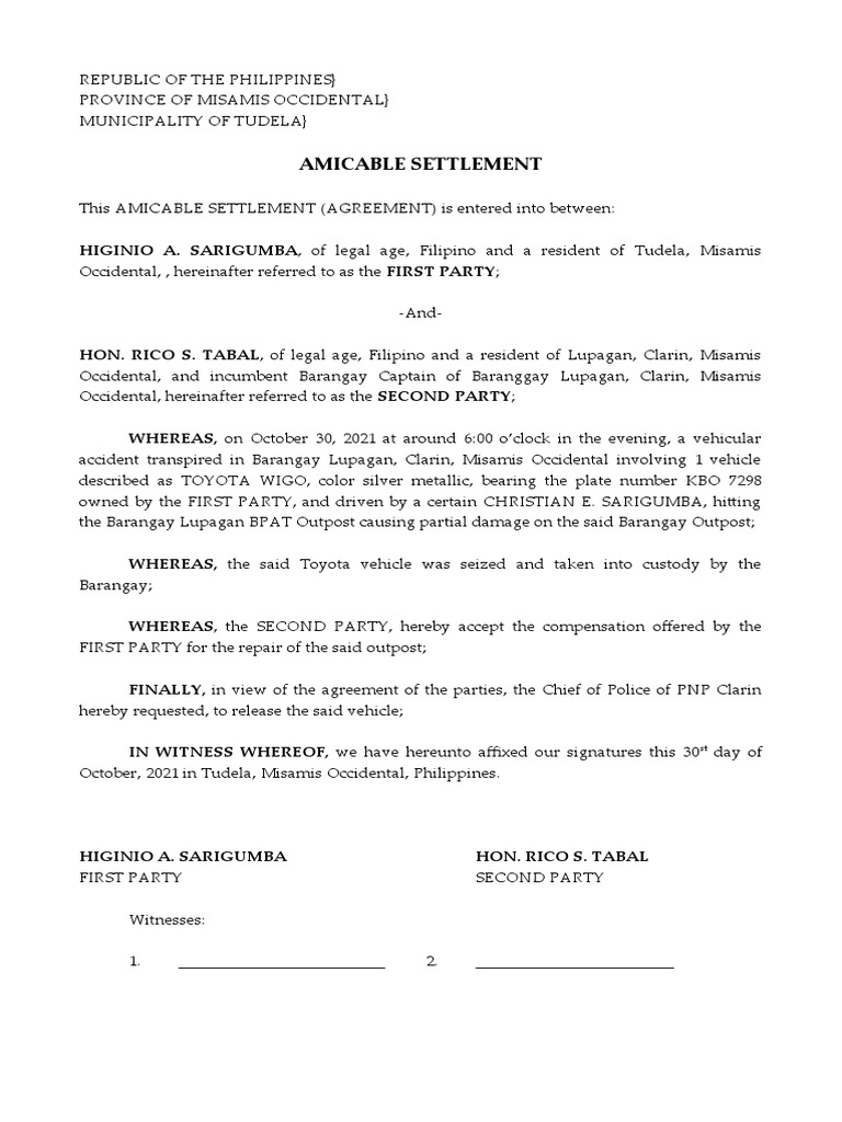 Amicable Settlement - Sarigumba & Tabal | PDF | Common Law | Civil Law (Common Law)