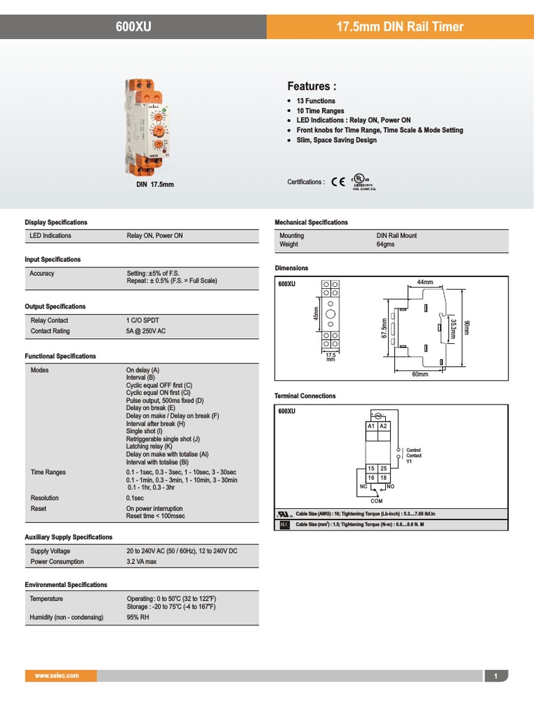 17.5mm DIN Rail Timer 600XU: Features | PDF | Relay | Power (Physics)