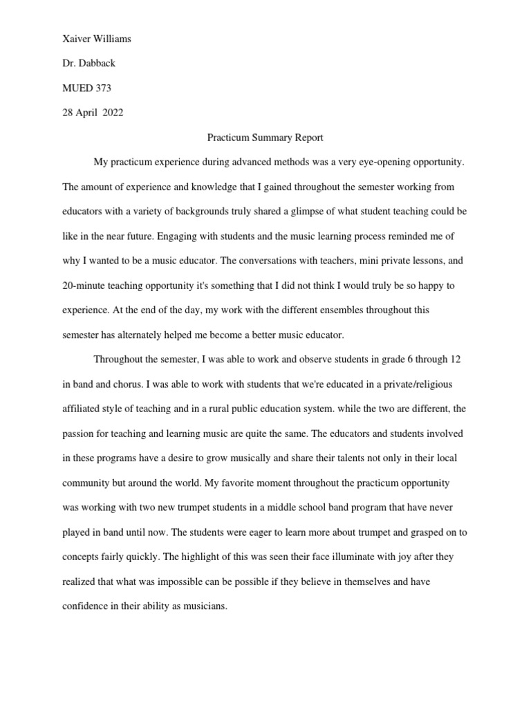 Practicum Summary Report - Xwilliams | PDF | Teachers | Schools