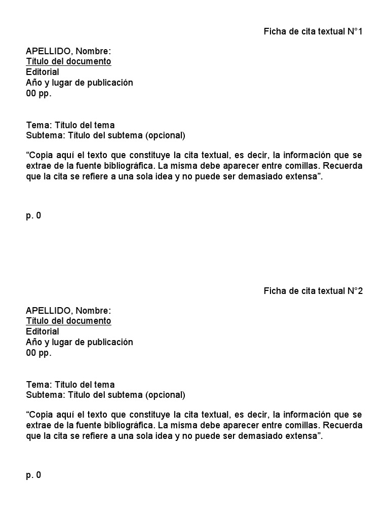 Formato de Ficha de Cita Textual en Word | PDF