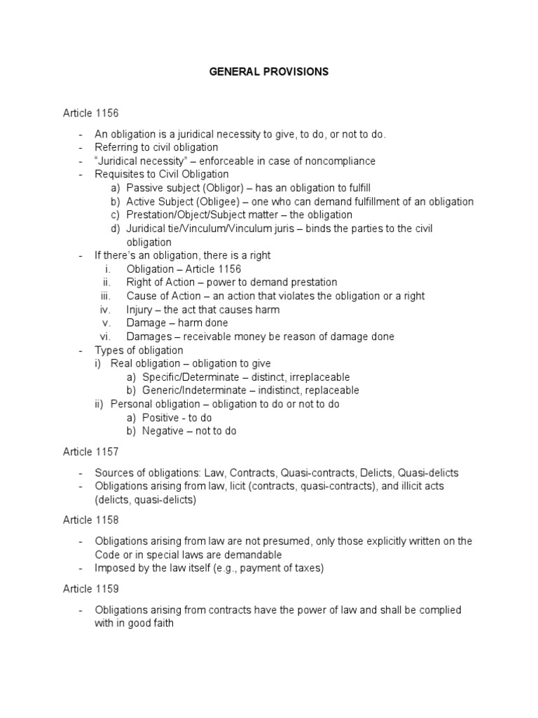 General Provisions Summary | PDF | Law Of Obligations | Damages