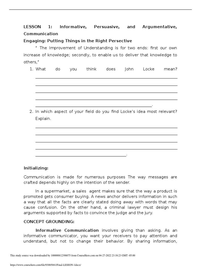 Final LESSON 1 | PDF | Persuasion | Communication