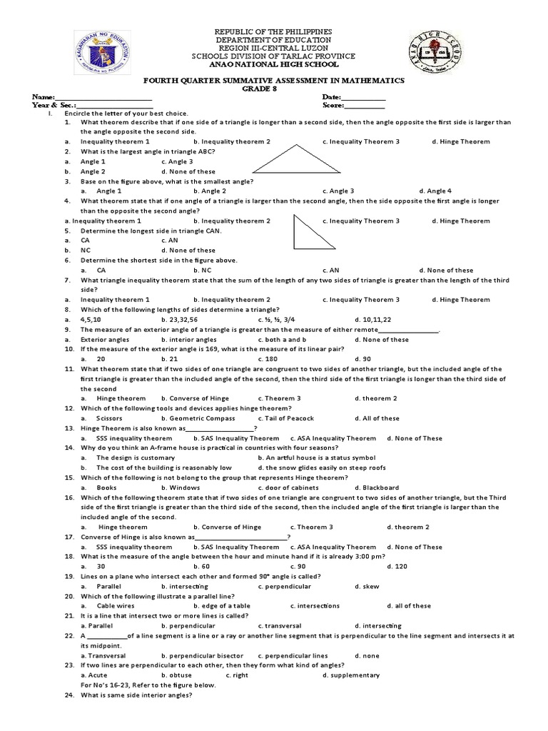 Grade 8 Math Summative Assessment | PDF | Rectangle | Perpendicular