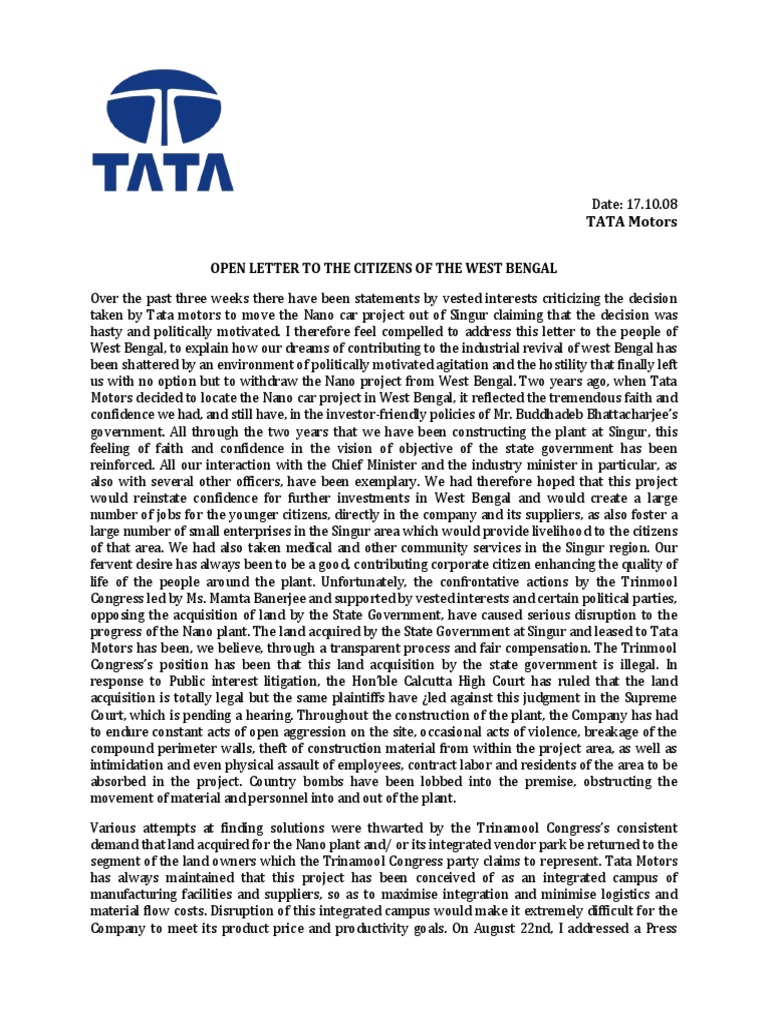 Ratan Tata Letter - Nano - West Bengal | PDF