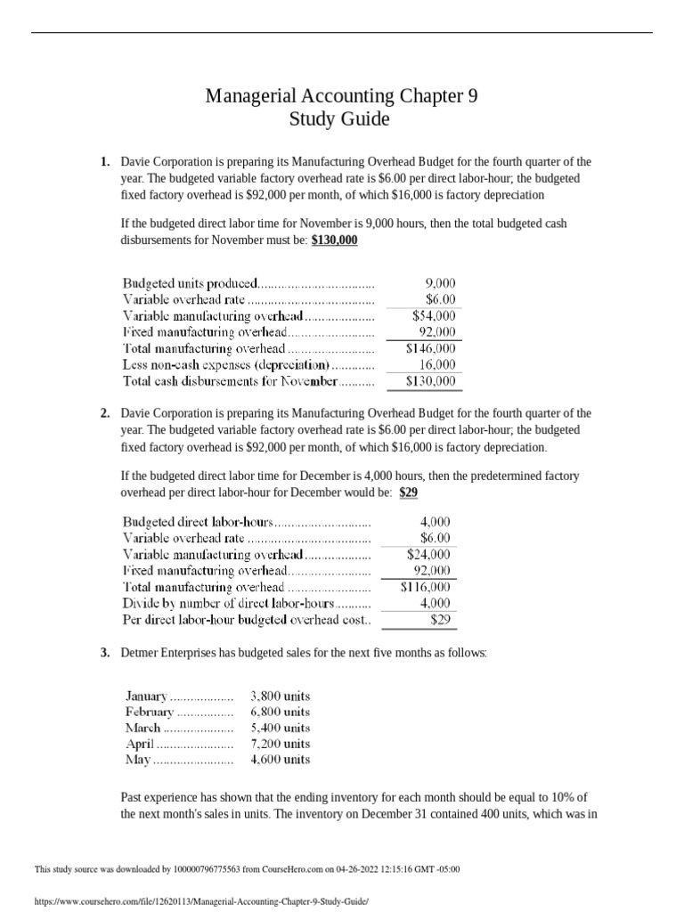 Managerial Accounting Chapter 9 Study Guide | PDF | Inventory ...