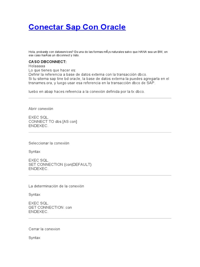 Conexión SAP a Oracle: Guía Práctica | PDF | SQL | Datos