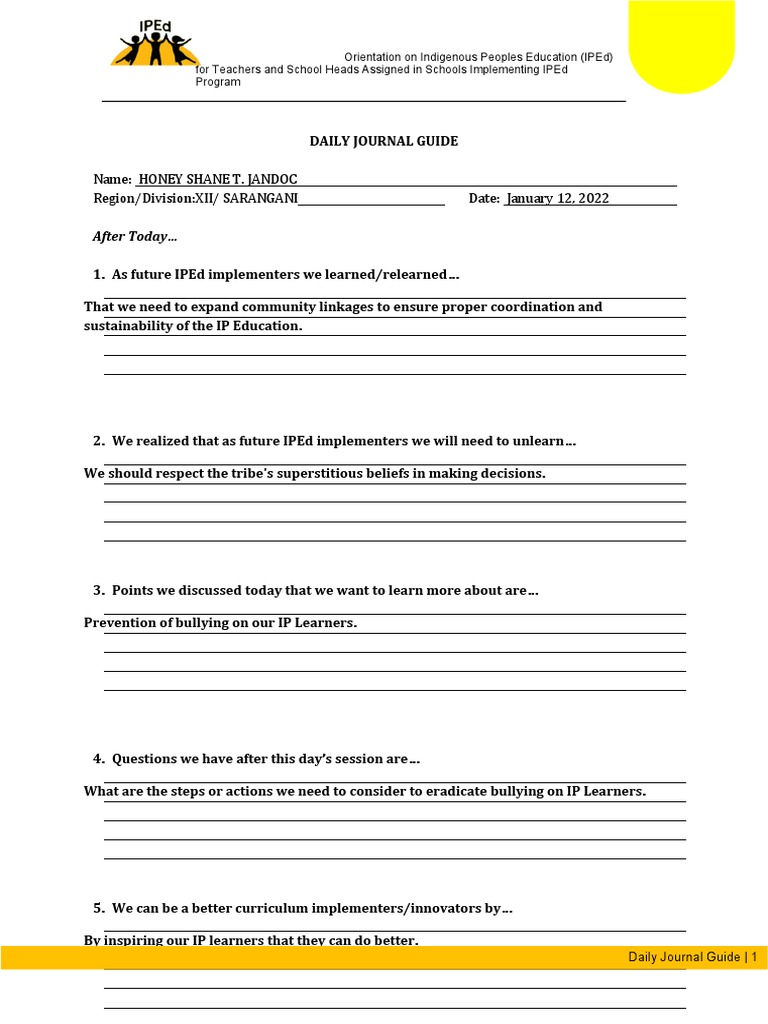 Honey Shane Jandoc - Daily Journal Guide (JANUARY 12, 2022) | PDF | Career & Growth | Business