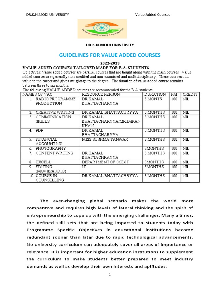 Guidelines For Value Added Courses: Dr.K.N.Modi University | Download ...