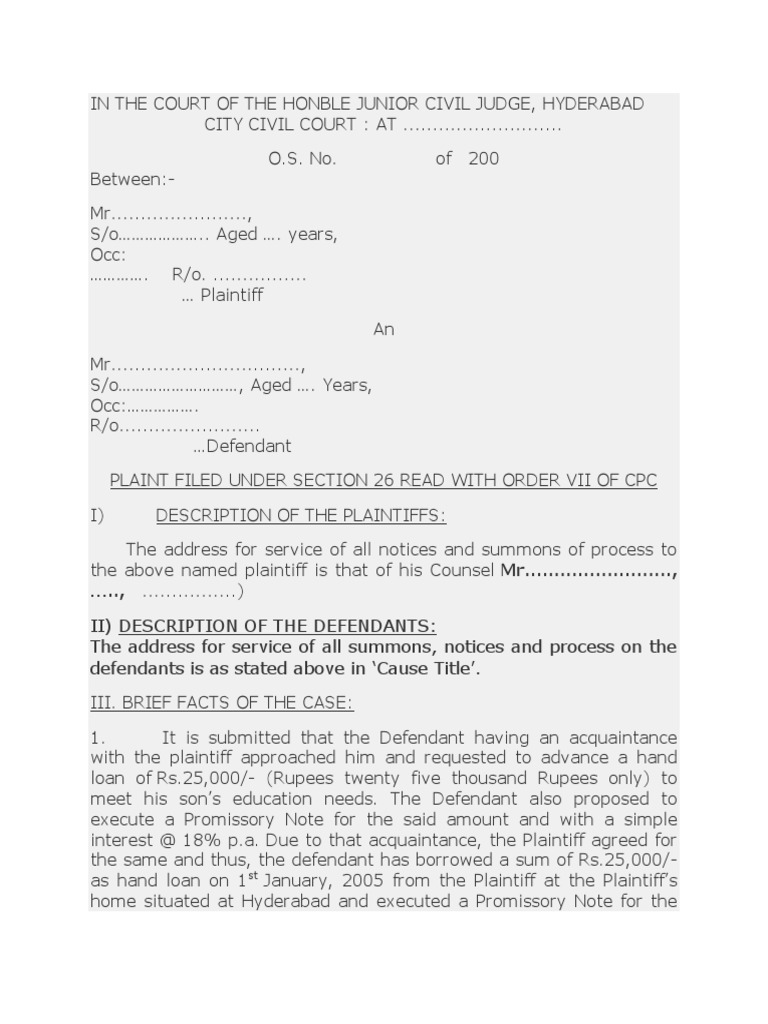 Plaint Money Recovery Suit | PDF | Lawsuit | Loans