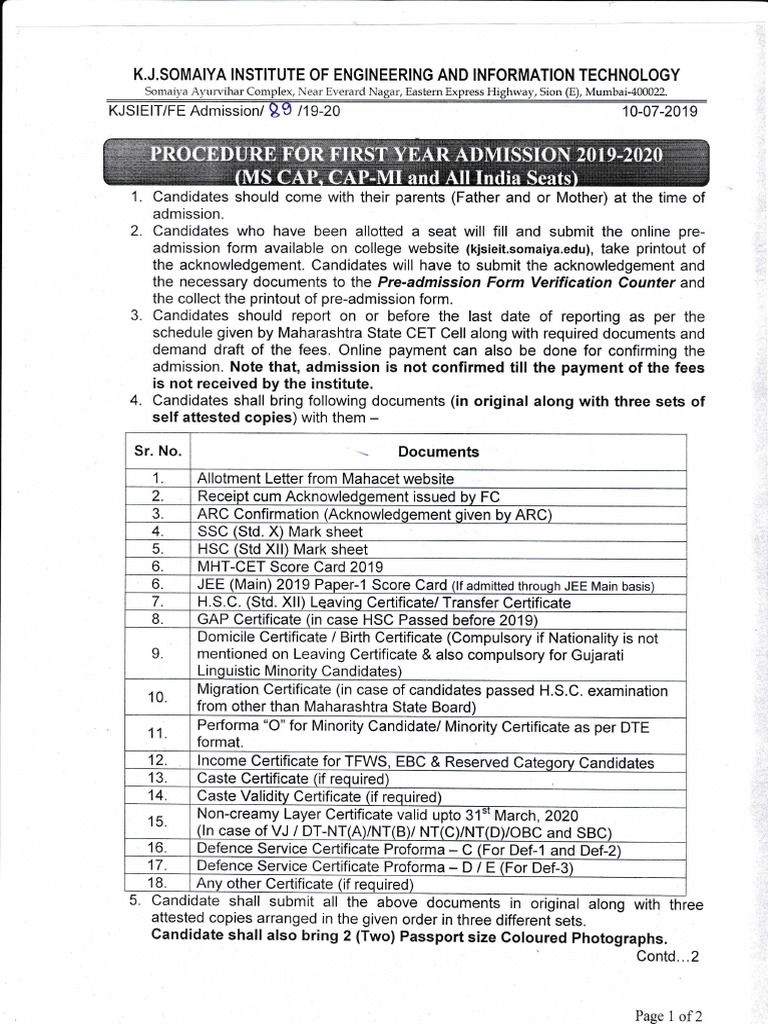 FE CAP Admission Process 2019-20 | PDF