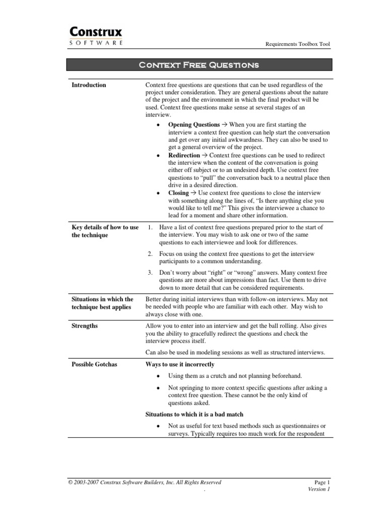Context Free Questions: Requirements Toolbox Tool | PDF | Interview ...