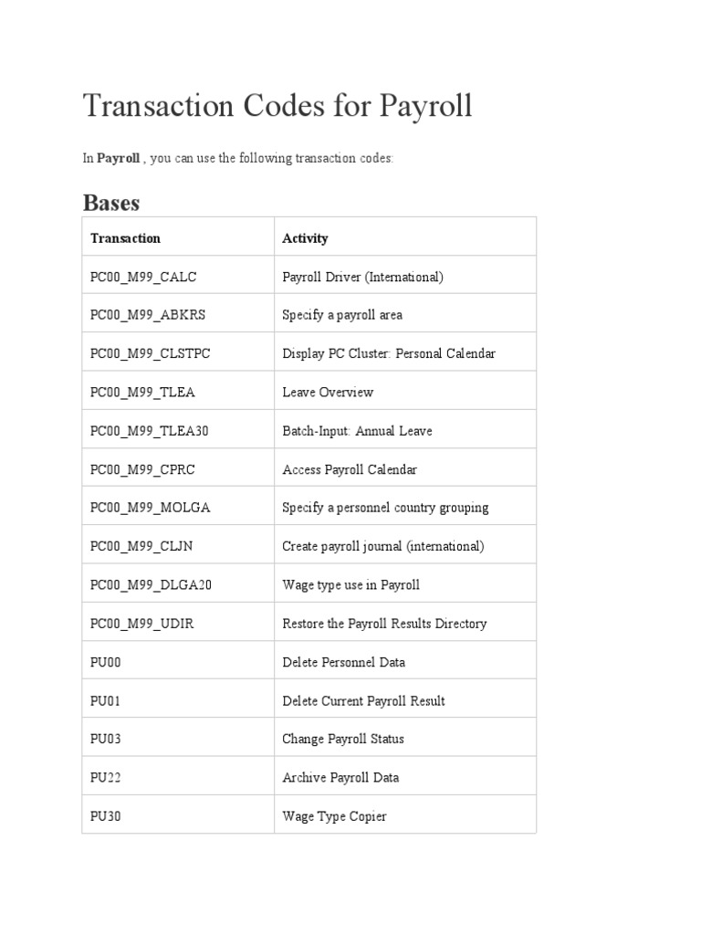 Transaction Codes For Payroll | PDF | Payroll | Computing
