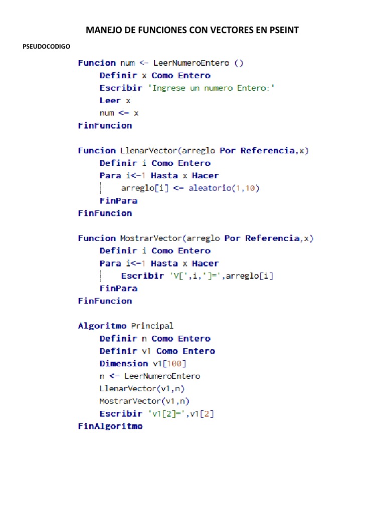 Manejo De Funciones Con Vectores En Pseint Pdf 9133
